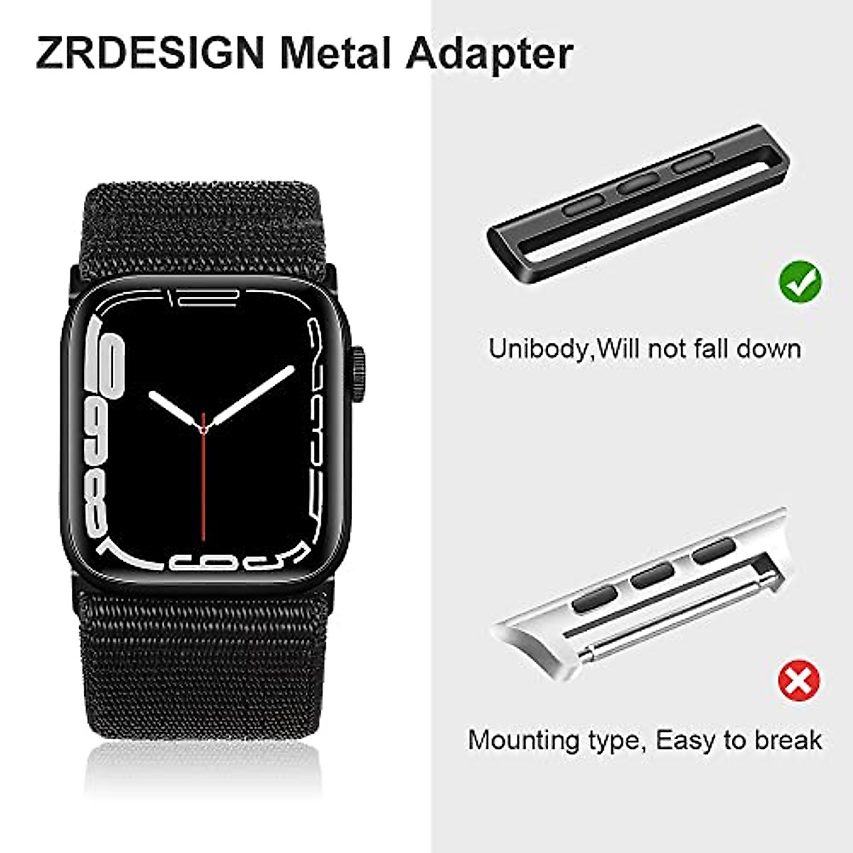ZRDESIGN Ultra Wide Black Nylon Watch Band Compatible with Apple Watch 42mm 44mm 45mm 49mm, Adjustable Sport Loop For iWatch Series 8 7 6 5 4 3 2 1 SE(Black)