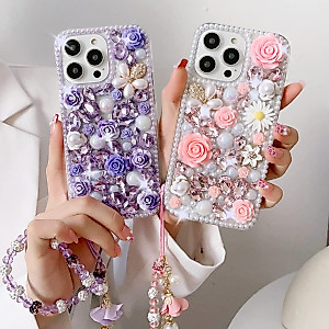 Changjia for iPhone 14 Pro Max Glitter Bling Case, Girly Cute Luxury 3D Crystal Rhinestone Flowers Diamond Pearl with Lanyard Wrist Strap Women Girls Case Cover for iPhone 14 Pro Max 6.7 inch (Purple)