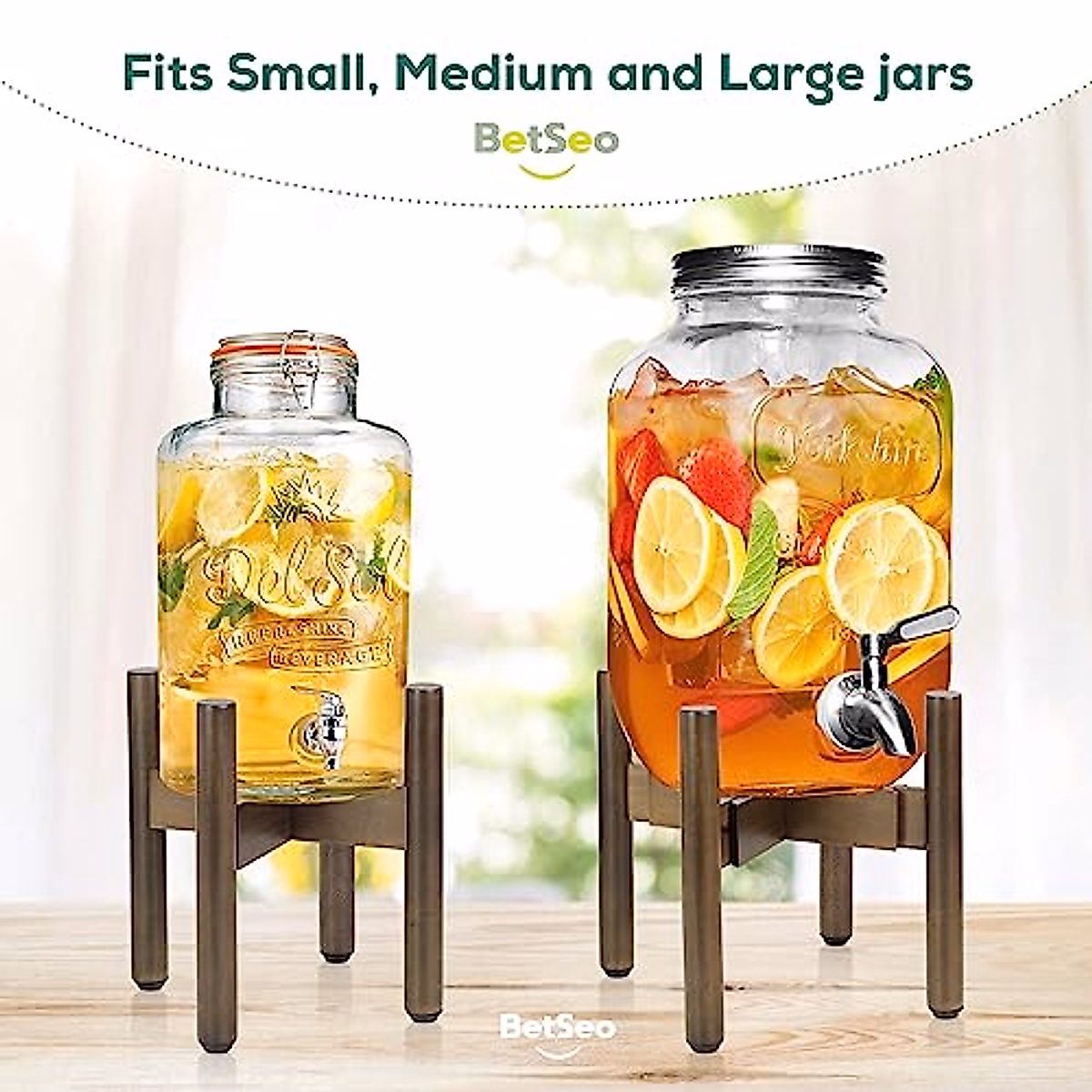 BETSEO Drink Dispenser Stand - Beverage Jar and Water Plastic Jug Holder - to plant flower pots - Adjustable up to10-inch Wide (Water Dispenser-Walnut)