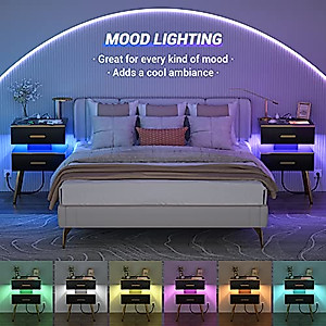 Cyclysio 28.5'' Nightstand with Charging Station, Tall Bedside Tables with Led Lights, Bed Side Table Night Stand with Drawers for Bedroom and Sofa Side, Black