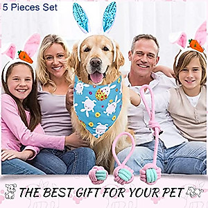 Dog Easter Bunny Costume, 5 Pieces Sequin Pet Rabbit Ears Headband Headwear, Rabbit Egg Bandana, Teething Chew Rope Ball Toy Set, Dog Easter Costumes for Small Medium Dogs Puppy Party Accessory (Blue)