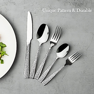 HaWare 65-Piece Hammered Flatware Serving Set, Stainless Steel Silverware Cutlery Set for Home/Hotel/Restaurant, Service for 12, Elegant & Classic Design, Dishwasher Safe-Square Edge