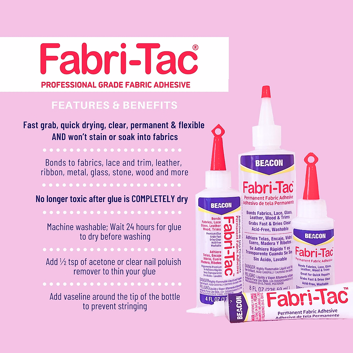 Beacon Fabri-Tac Permanent Adhesive, 8 Ounce Bottle - Premium Crafting & Fabric Glue