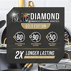 Blue Diamond Gold 10 Piece Cookware Set,Ceramic Nonstick, PFAS Free, PFOA Free, Induction Suitable, Dishwasher Safe, Gold Handle, Black