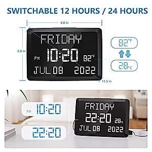 Raynic Digital Clock, 11.5" Large LED Word Display Dimmable Digital Wall Clock,Adjustable Brightness Digital Alarm Clock with Day and Date,Indoor Temperature,Snooze,12/24H,DST for Home, Office,Elderly