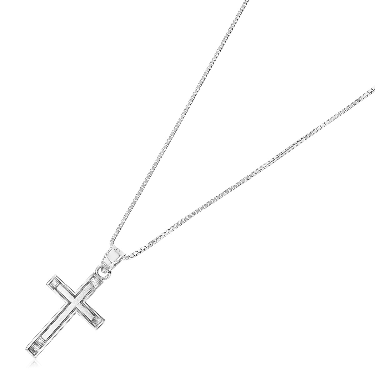 Ioka 14K White Gold Cross Religious Charm Pendant with 0.8mm Box Chain Necklace - 24"