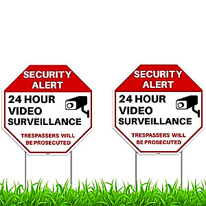 2PC 24 Hour Video Surveillance Sign with Stakes, 13"x13" - Corrugated Plastic - No Trespassing Signs for Home Outdoor Yard - Private Property Security Camera Alert Warning