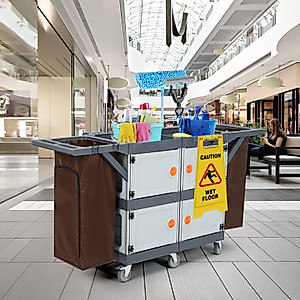 Commercial Janitorial Cart with 4 Cabinet - Black Housekeeping Caddy with Cover, Shelves, Service Cart, and Vinyl Bag