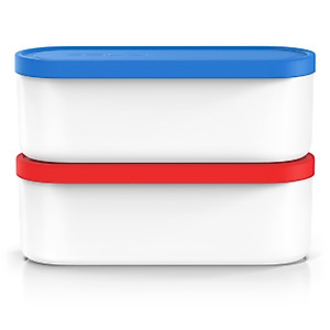 Ice Cream Containers - 2 Quart Ea. (Set of 2) - Premium Reusable Freezer Storage for Homemade Ice Cream Tub for Sorbet, Frozen Yogurt - Flexible Silicone Lids, Long Scoop, Stackable - Blue & Red