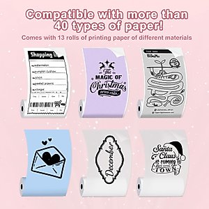 Crmanedy Portable Inkless Sticker Maker，Bluetooth Sticker Maker with 8 Rolls Paper，Compatible with iOS&Android，for DIY Making, Study Notes, memos, Lists, Work Plans, Graduation Gifts (Pink)