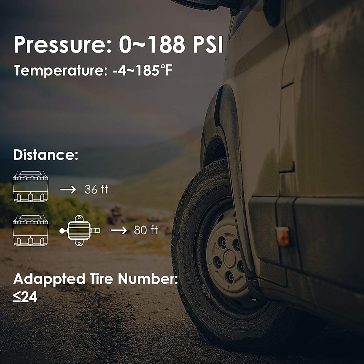 RV Tire Pressure Monitoring System, RV TPMS, 6 Sensors, 7 Alarm Modes, 14 Days Battery Life, 80ft Sensing Distance, Large Screen, for RV, Trailer, Coach, Motor Home, Fifth Wheel, (0-188psi) (-4~ 185℉)