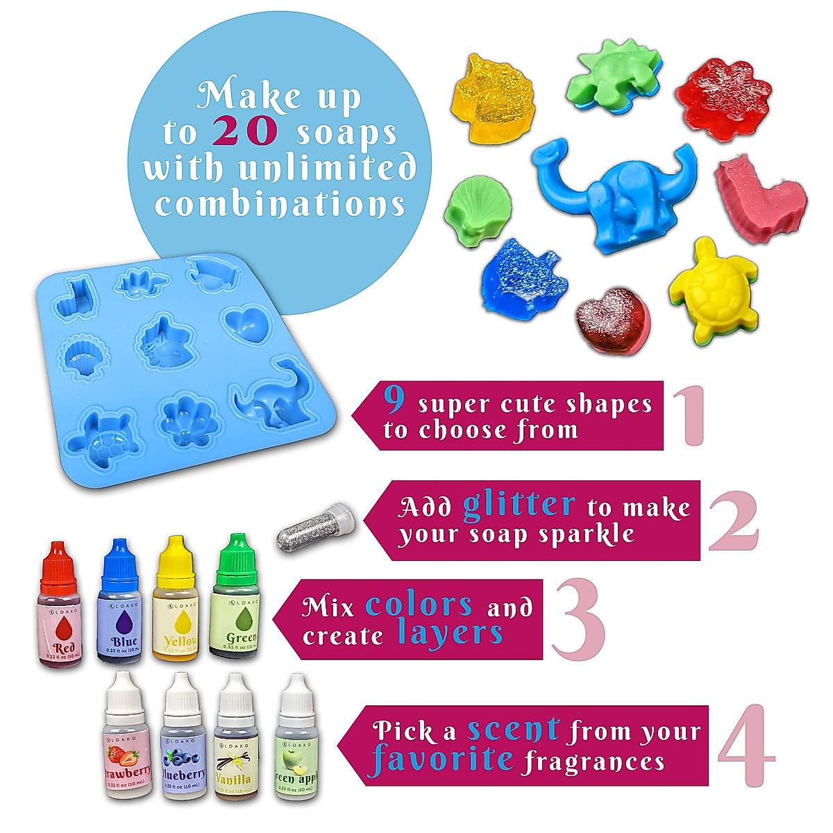 Loako Soap Making Kit for Kids & Adults - DIY Soap Kit - Make Your Own Soap - Science Lab Activity for Age 6-12 - 10-15 Pieces