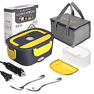 Electric Lunch Box [Upgraded],60W High-power Food Heater,12V 24V 110V 3 in1 Portable microwave for Car/Truck/Home–Leak proof,Removable 304 Stainless Steel Container fork & spoon and Carry Bag………