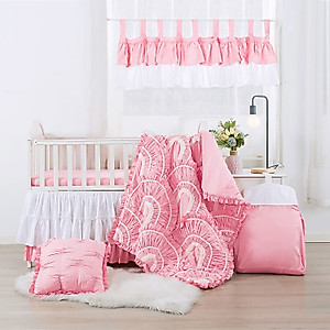 6 Pieces 100percent Cotton Toddler Crib Bedding Sets for Girls Pinch Pleat Lightweight Baby Comforter Set Dust Ruffle White Pink Pink and White