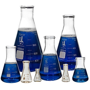 Glass Erlenmeyer Flask Set, 8 Sizes - 5, 10, 25, 50, 150, 250, 500, and 1000ml, Karter Scientific