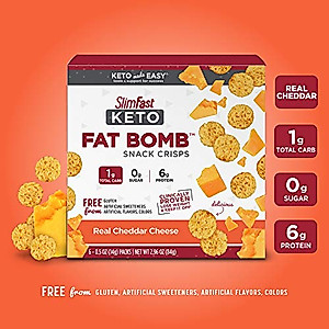 SlimFast Low Carb Snacks, Real Cheddar Cheese Crisps, Keto Friendly, with 6g of Protein, 6 Count Box (Packaging May Vary)
