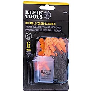 Klein Tools 605036 Corded Earplugs, 25dB NRR, Reusable Orange Earplugs, 6-Pack with Case for Construction, Industrial Use, Shooting and Hunting