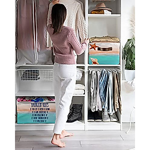 Storage Basket,Summer Ocean Quotes with Starfish Collapsible Storage Bin with Handles Waterproof Foldable Cube Bins Chic Wooden Board Large Organizer Baskets for Shelves Closet Nursery