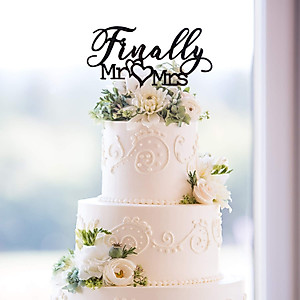 Finally Mr Mrs Love Heart Black Acrylic Cake Topper - Great for Wedding Engagement Bridal Shower Party Decoration Gift Keepsake - 5.9'' x 6.1''(Black)