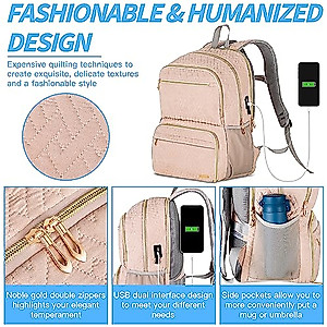 BAOXA Lunch Backpack for Women, 17 inch Laptop Backpack with USB Charging Port, Large Computer Backpack with Lunch Compartment, Insulated Backpack Lunch Bag for Work Travel (Pink, 17in)