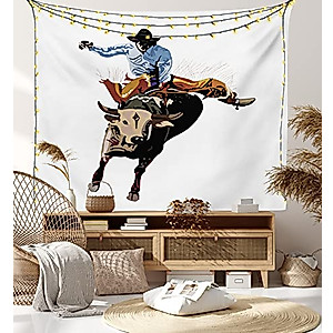 Ambesonne Rodeo Tapestry Twin Size, Yea Haw Cowboy Bucking Bull Western Sports American Graphic, Wall Hanging Bedspread Bed Cover Wall Decor, Twin Size, Rust Beige