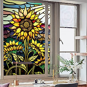CREATIVE HOBBIES Window Privacy Film Sunflower Window Clings Stained Glass Window Film 78.7" x 17.3" Frosted Glass Window Decor Bathroom Window Coverings Static Cling Non-Adhesive