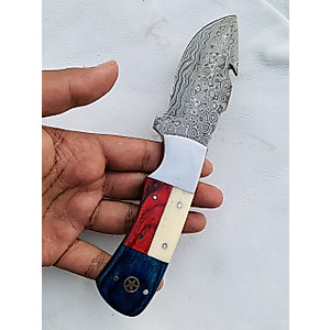 NUSHBA 012 Handmade Damascus Gut Hook Skinning Hunting Knife With Cow Brown Leather Sheath- Best Damascus Steel American Flag Handle Hunting Knife