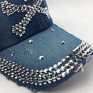 Kangqifen Women Rhinestone Pattern Distressed Denim Baseball Cap Sparkle Bling Hat Adjustable (Skull-03)
