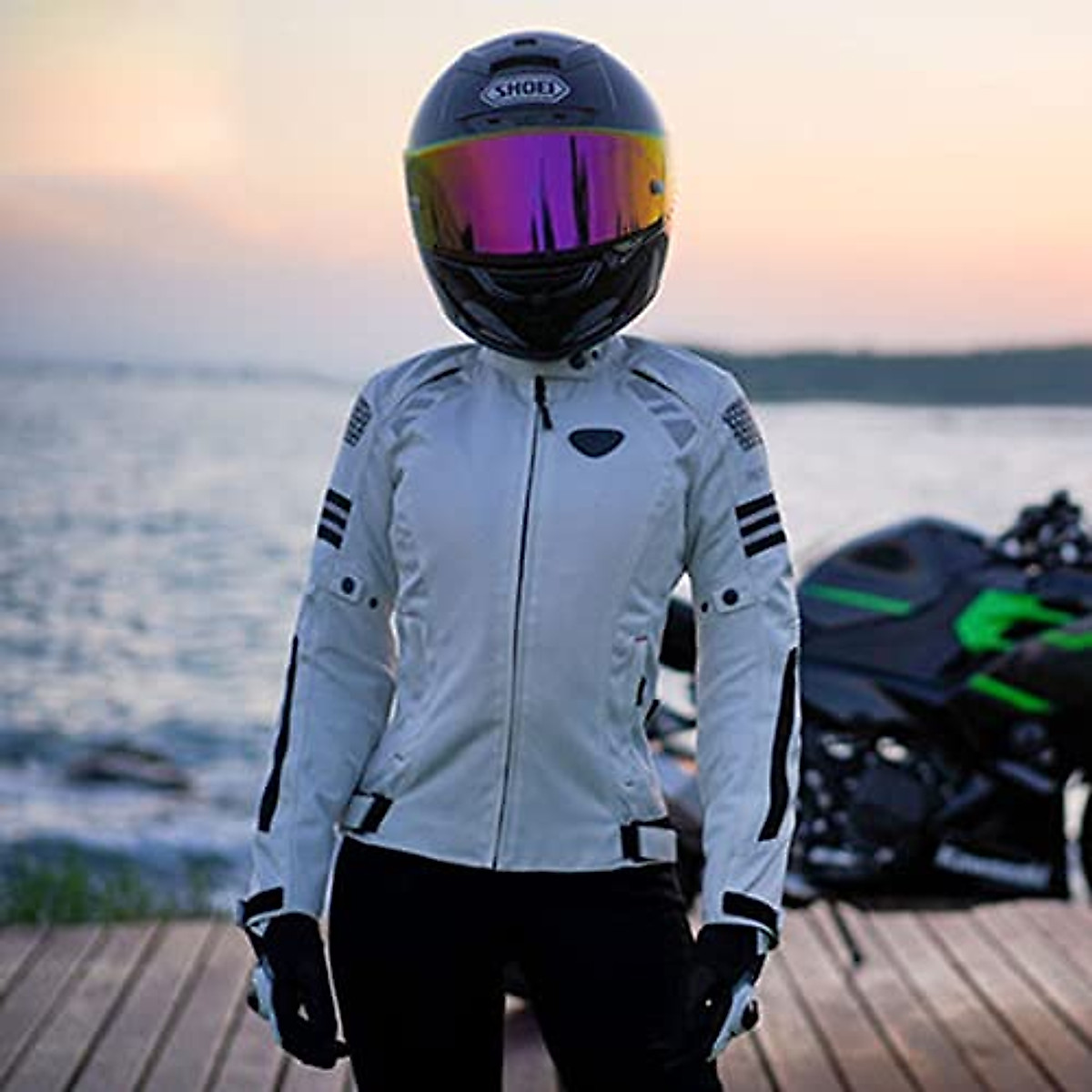 Women's Motorcycle Jacket Summer Breathable Motorbike Moto Jacket Riding Ladies Clothing with removable protective gear (White, XXXL)