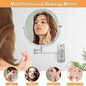 FFowcye 8” Wall Mounted Makeup Mirror - 1X/10X Double Sided Magnifying Bathroom Mirror, 360° Swivel Extendable Vanity Shaving Mirror with Adjustable Arm for Bathroom, Chrome（No Light）
