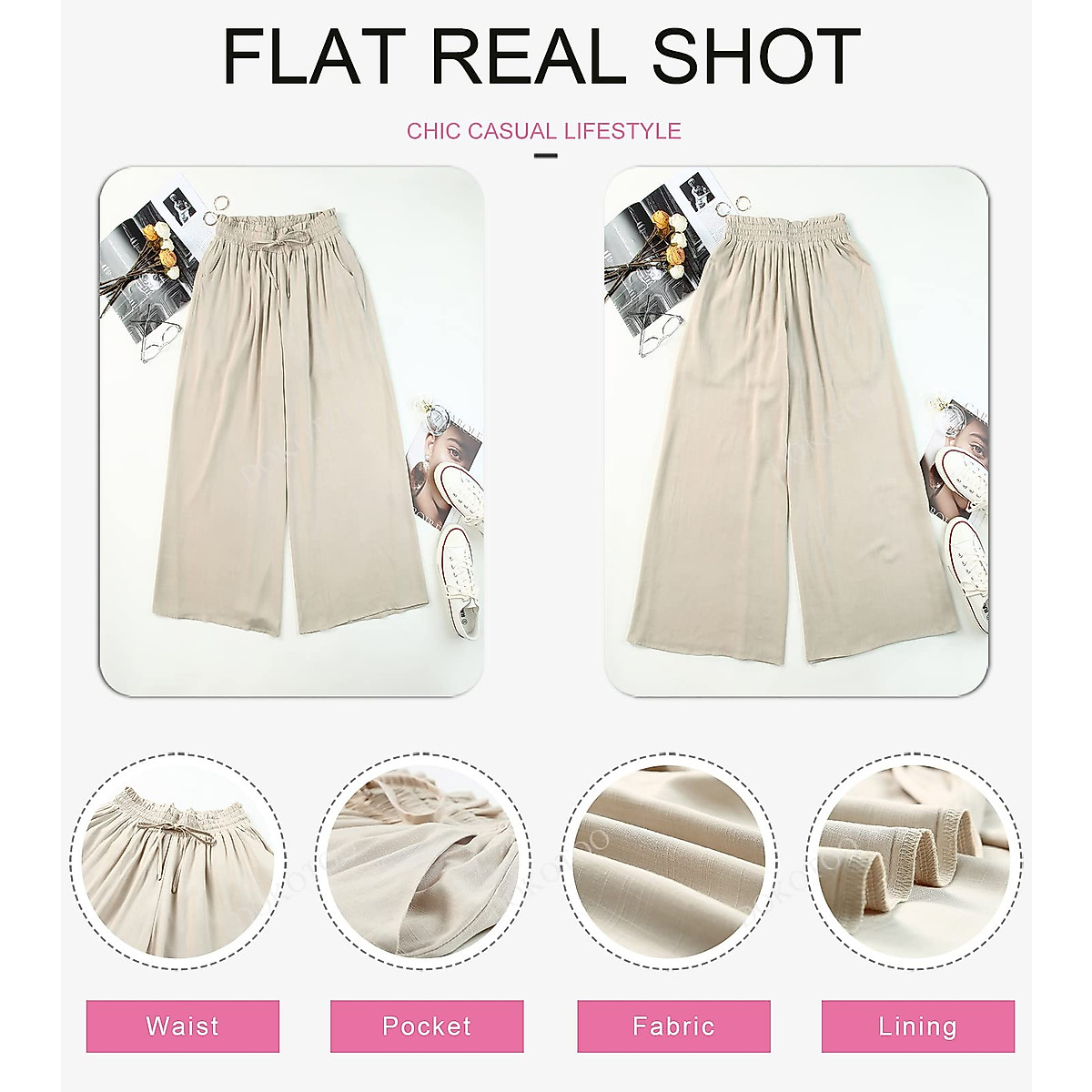 Dokotoo Women Beach Fashion High Waist Drawstring Wide Leg Long Pants with Pockets Casual Loose Breathable Lounge Yoga Trousers Ladies Beach Vacation Clothes for Women Beige XL