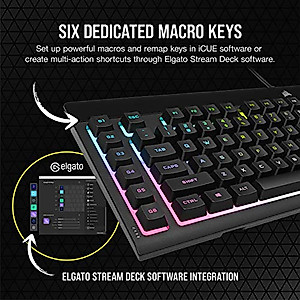 Corsair K55 RGB PRO XT - Dynamic Per-Key RGB Backlighting - Six Macro Keys with Elgato Stream Deck Software Integration - IP42 Dust and Spill-Resistant - QWERTY US Layout - Black