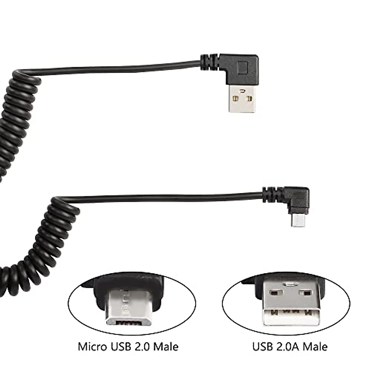 RIIEYOCA Micro USB Coiled Cable,Left Angle Micro USB Male to Right Angle USB A Male Sync & Charging Spring Spiral Cord for Micro USB Devices(1.47ft to 3.94ft)