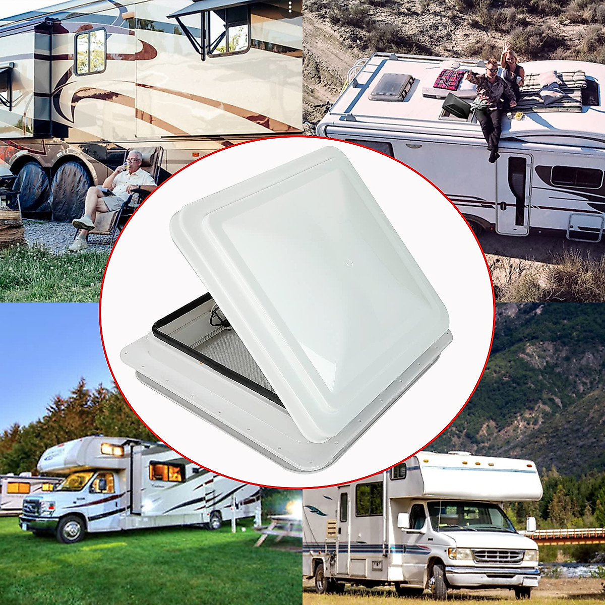 caqeg 14" RV Roof Vent for Camper Trailer Universal White Lid Roof Vent with 12V RV Vent Fan 6" Blades White lid Inner for Garnish Ring