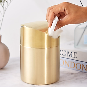 Chemlliy Stainless Steel Trash Can with Swing Lid, Mini Countertop Trash Bin Bathroom, Golden Desktop Garbage Cans Tiny Kitchen Waste Bins with Trash Bag