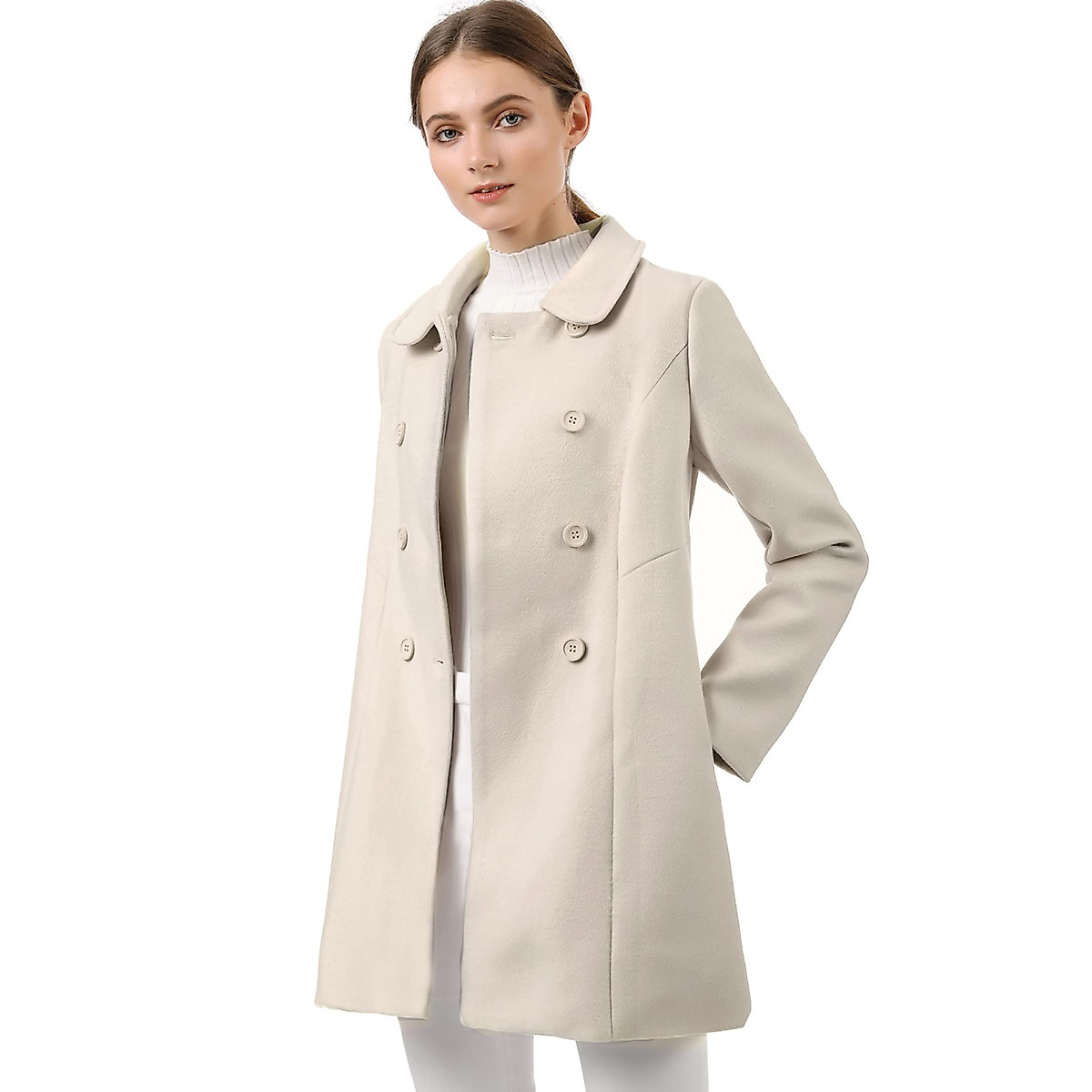 Allegra K Women's Peter Pan Collar Double Breasted Winter Long Trench Pea Coat Small Beige