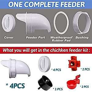 DIY Automatic Chicken Feeder and Waterer Set, 4PCS No-Waste Feeder Port,2 PCS Automatic Waterer Cup, 2 PCS Horizontal Chicken Nipples Waterer