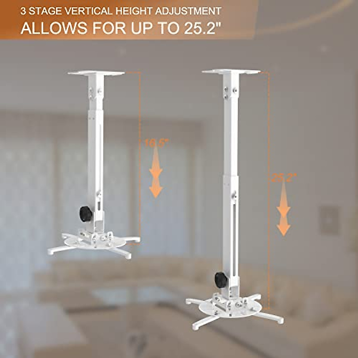 JOY worker Universal Projector Ceiling Mount Wall Bracket Holder Fits Flat or Sloped Ceiling Height Adjustable with Extendable Arms for Home and Office Projector, White