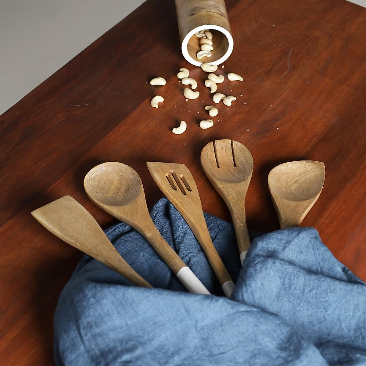The Art Box Wooden Cooking Spoon Utensils Set of 5 - Kitchen Serving Tools Non-Stick Cookware12 Inch Wooden Fork, Corner Spoon, Slotted Turner, Spoon, Spatula For Baking, BPA Free, White