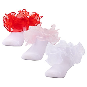 Dicry Baby Girls Double Lace Socks with Ripple Cuffs and Big Ruffle for Infants (GWhite Pink Redold, 6-12 Months)