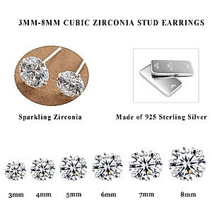3 Pairs 925 Sterling Silver Cubic Zirconia Stud Earrings 6mm-7mm-8mm Set Men Women
