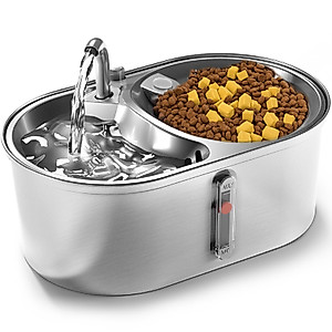 iPettie Cat Feeder and Waterer Combo, Twins Water Fountain Stainless Steel with Two Spouts, 101oz/3.0L, Food and Water Dispenser, 5-Stage Filtration Water Purifier