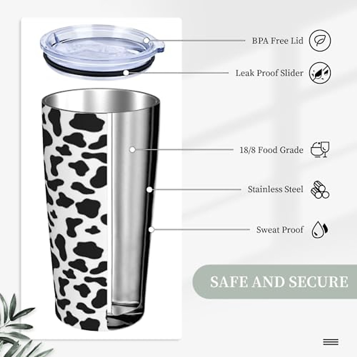 IYERSKD Cow Print Black and White 20 oz Stainless Steel Tumbler Vacuum Insulated Leakproof Travel Mug for Car Office Gym