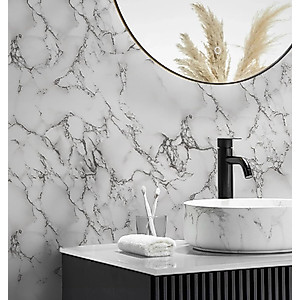 Decoroom Marble Contact Paper 17.71''×118''，White Grey Peel and Stick Wallpaper，Glossy Self Adhesive Marble Granite Paper for Kitchen Countertops Cabinets