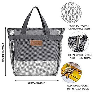 Grevosea Mesh Shower Caddy, Portable Shower Bag Quick Dry Shower Tote Bag with Zipper & 2 Pockets for College Dorms Gym Swimming Beach Travel Sports Games 10.6 * 7.8 Inch (Grey)