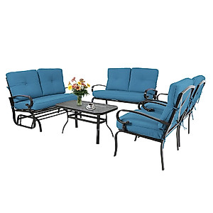 Incbruce 5 Pcs(6 Seats) Outdoor Metal Furniture Sets Wrought Iron Patio Conversation Sets, (Glider, 2 Single Chairs, Loveseat, and Coffee Table) with Cushion (Peacock Blue)