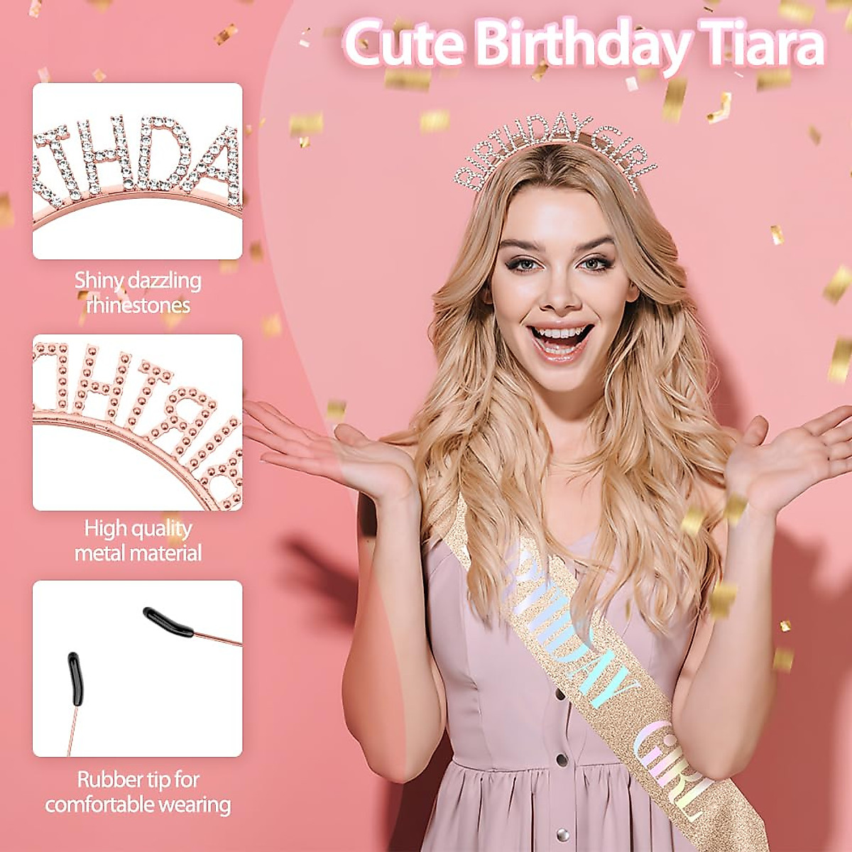 Birthday Sash Birthday Crown for Women, Birthday Girl Sash, Birthday Girl Crown, Glitter Rose Gold Birthday Sash and Crown Rhinestone Headband Set, Happy Birthday Girl Princess Tiara Sash Accessories