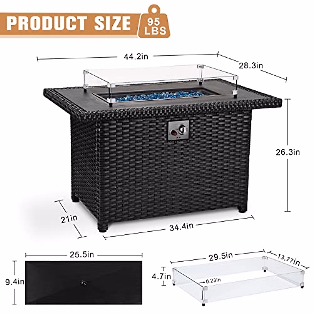 44 in Propane Gas Fire Table Auto-Ignition 50,000BTU， Rectangle Woven Rattan Fire Pit for Outside Patio Garden Deck & Backyard，with Lid and Blue Glass Beads, Glass Wind Guard,CSA Approved(Black)