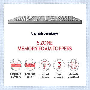 Mellow 3 Inch 5-Zone Memory Foam Mattress Topper with Plant-based Infusion and Moisture Control, CertiPUR-US Certified, Queen,Grey