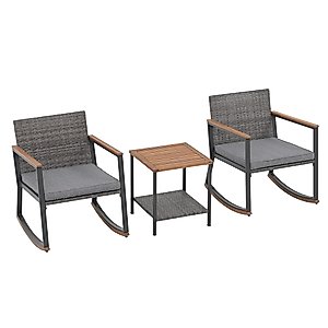 MYDEPOT Wicker Rocking Bistro Set of 3, Outdoor Rocker Chair Furniture Conversation Sets with Coffee Table & Cushions, Patio Rattan for Balcony, Lawn, Porch Poolside (Light Gray)